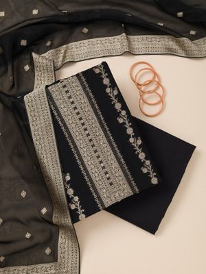 Buy Koskii Black Zari Work Opada Silk Unstitched Kurta with Unstitched ...