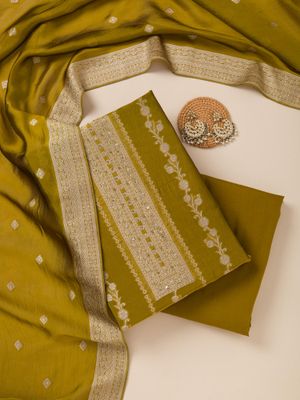 Buy Koskii Green Zari Work Opada Silk Unstitched Kurta with Unstitched ...