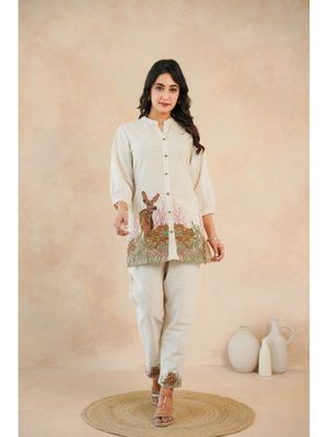 Buy Zolo Label Cream Collar Neck Embroidered Co-Ord Set (M) Online
