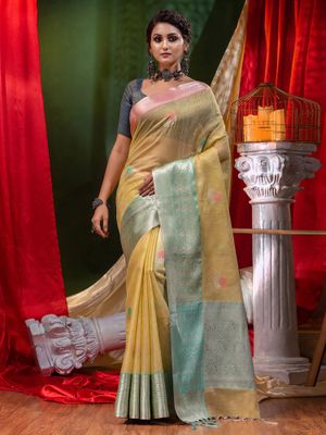 Buy House Of Begum Pastel Linen Yellow Tissue With Meena Work With ...