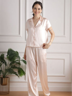 Buy Slumber Jill Peach Luxe Collared Shirt with Pyjama (Set of 2) (S ...