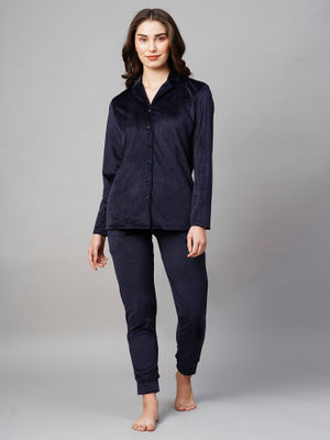 Buy Drape In Vogue Women's Blue Velvet Night Suit (Set of 2) Online