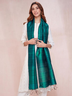 Buy Fabindia Teal Silk Blend Woven Stole Online