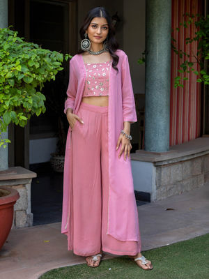 Buy Kasya Peach Georgette Embroidered Crop Top With Palazzo Shrug Co ...