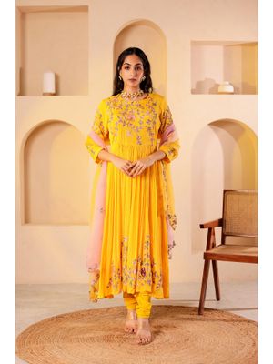 Buy Firann By Shaheen Yellow Anarkali with Churidar and Dupatta (Set of ...