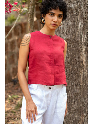 Buy Creatures of Habit Linen Sleeveless Indian Red Shirt Online