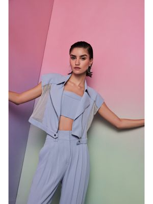 Buy The Dapper Lady Sydney Blue Stripes Crop Jacket Online