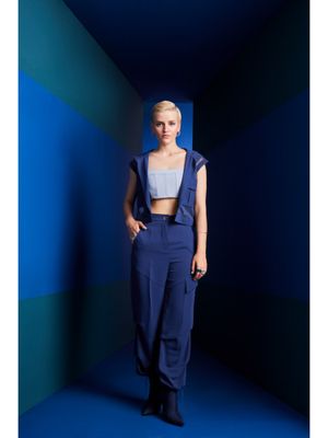 Buy The Dapper Lady Seoul Navy Blue Solid Crop Jacket Online