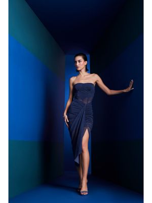 Buy The Dapper Lady Seoul Navy Blue Solid Midi Skirt Online