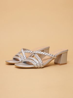 Buy Eridani Valeria Woven Strappy Silver Sandal Heels Online