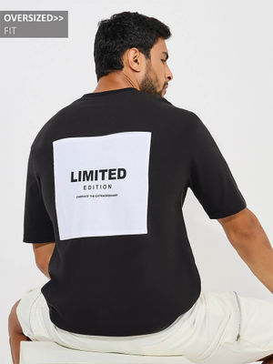 Buy Styli Men Black Back Patch Typography Print Oversized T-Shirt Online