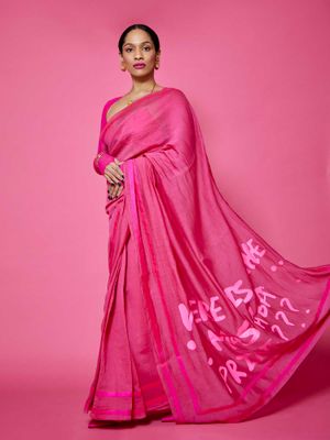 Buy Masaba Hot Pink Slogan Sportee Saree with Unstitched Blouse Online