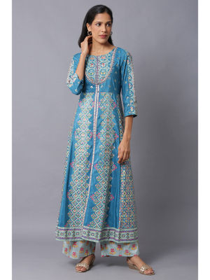 Buy W Women Blue Festive Solid Rayon Top With Parallel Pant Online