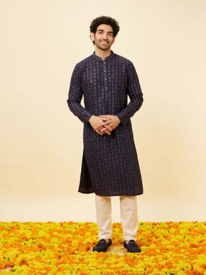 Buy Twamev Navy Blue Art Silk Embroidered Kurta and Churidar (Set of 2 ...