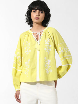 Buy ONLY Yellow Embroidered Cotton Top Online