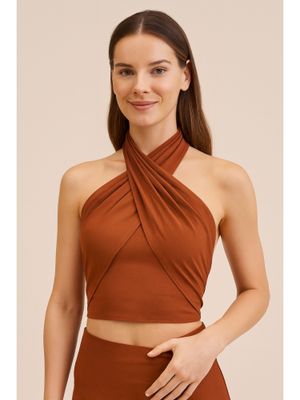 Buy Cider Orange Cross Halter Shirred Back Crop Top (XXS) Online