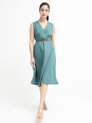 Buy RAREISM Valmode Green Fit And Flare Dress with Belt (Set of 2) Online