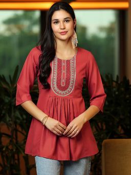 Buy Libas Rust Embroidered Kurti (L) Online