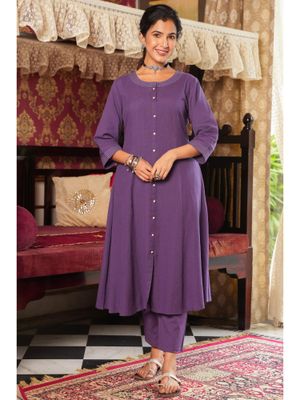 Buy ARAMYA Purple Linen Cotton Solid A-Line Kurta for Women (M) Online