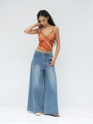 Buy Cider Mesh Sweetheart Floral Lace Trim Top (XS) Online