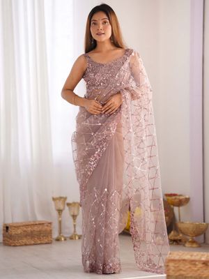 Buy Akhilam Women Net Rose Gold Embellished Designer Saree with Unstitched Blouse with ...