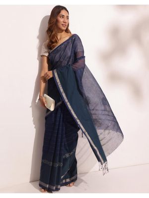 Buy Fabindia Navy Blue Cotton Blend Jamdani Saree Without Blouse Online