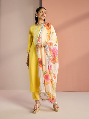 Buy Lehan Lehan's Yellow Cotton Embroidered Printed Round Neck Kurta Pant and Dupatta (Set of 3 ...