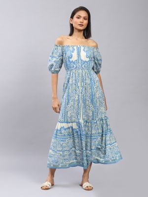 Buy Label Ritu Kumar Blue Floral Print Off Shoulder Long Dress Online