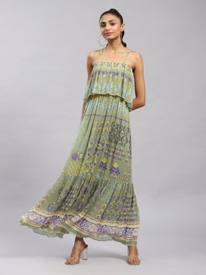 Buy Label Ritu Kumar Green Printed Strappy Long Dress Online