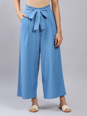 Buy Label Ritu Kumar Blue Wide Leg Pant with Belt (Set of 2) Online