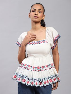 Buy Label Ritu Kumar White Embroidered A Line Top Online