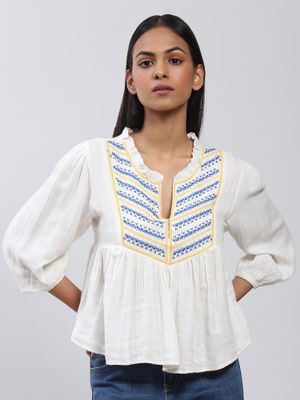 Buy Label Ritu Kumar White Embroidered Top with Gathers Online
