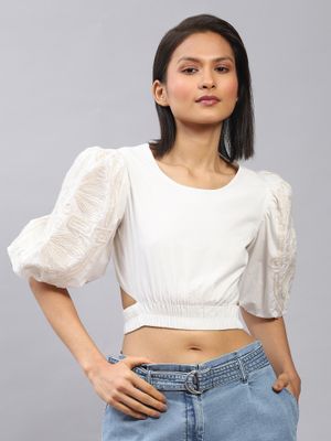 Buy Label Ritu Kumar White Embroidered Crop Top Online