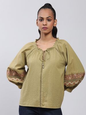 Buy Label Ritu Kumar Olive Embroidered Top Online
