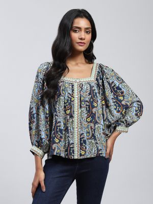 Buy Label Ritu Kumar Navy Paisley Print Top Online