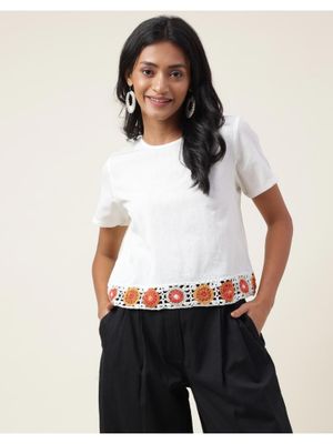 Buy Fabindia White Cotton Linen Embroidered Straight Top Online