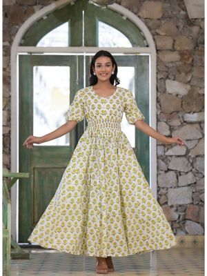 Buy Hatheli White & Green Floral Hand Block Cotton Dress Online