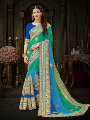 Buy Manohari Green and Blue Designer Heavy Embroidery Saree with ...