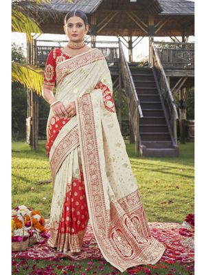 Buy Manohari Off White and Red Banarasi Silk Woven Design Saree with ...