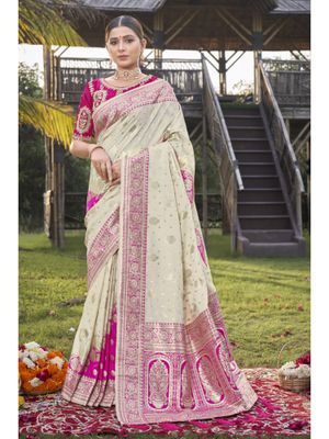 Buy Manohari White and Pink Banarasi Silk Woven Design Saree with ...
