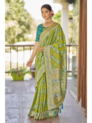 Buy Manohari Women Designer Woven Olive Saree with Unstitched Blouse Online