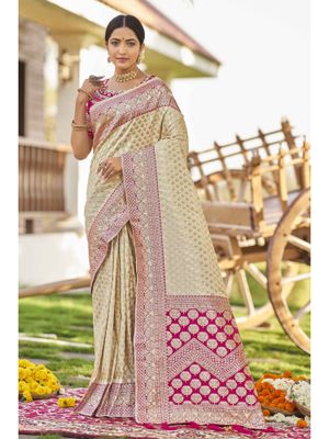 Buy Manohari Women Off White and Pink Woven Banarasi Silk Saree with ...