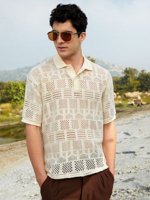 Buy Campus Sutra Mens Buff Beige Geo-Boho Oversized Polo T-Shirt (S) Online