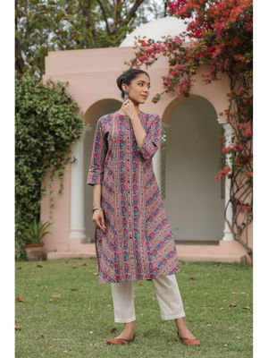 Buy SAVI Blue Cotton Mandrin Collar Straight Kurta (L) Online