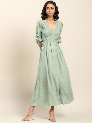 Buy Aarke Ritu Kumar Green Embroidered Maxi Dress Online