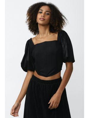Buy Black Solid Puff Sleeves Crop Top Online
