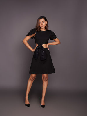 Deepika Arora Knee Length : Buy Deepika Arora Black Solid Dress With ...