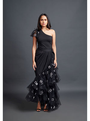 Buy Deepika Arora Black One Shoulder Bodysuit With Skirt (Set of 2) Online