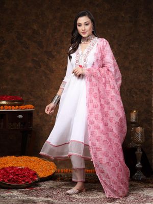 Buy Stylum White Embroidered Italian Crush Anarkali Kurta with Pant and ...