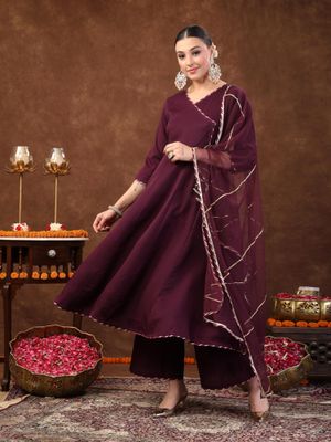 Buy Stylum Wine Solid Italian Crush Angarkha Kurta with Palazzo and ...